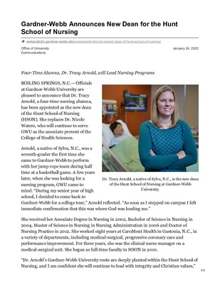 "Gardner-Webb Announces New Dean for the Hunt School of Nursing" by ...
