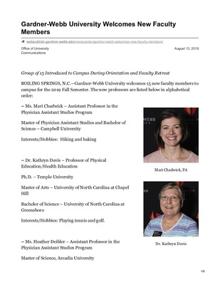 "Gardner-Webb University Welcomes New Faculty Members" by Office of ...
