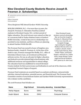 "Nine Cleveland County Students Receive Joseph B. Freeman Jr. Scholarsh ...