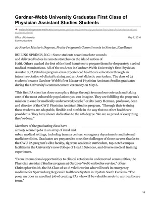 "Gardner-Webb University Graduates First Class of Physician Assistant S ...
