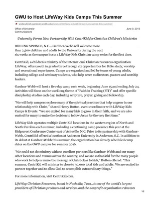 "GWU to Host LifeWay Kids Camps This Summer" by Office of University ...