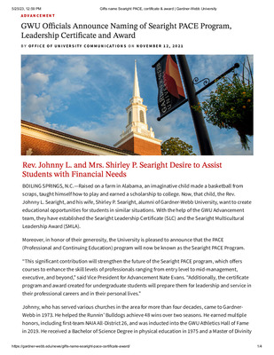 "GWU Officials Announce Naming of Searight PACE Program, Leadership Cer ...