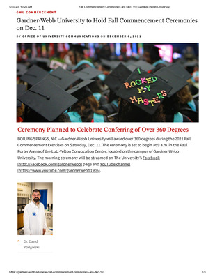 "Gardner-Webb University to Hold Fall Commencement Ceremonies on Dec. 1 ...