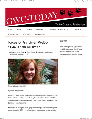 "Faces of Gardner-Webb SGA- Anna Kullmar" by Matthew Johnson